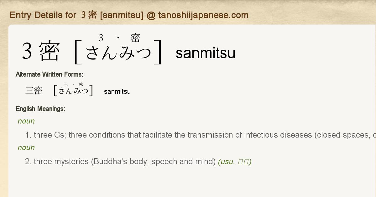 Entry Details for 3密 [sanmitsu] - Tanoshii Japanese