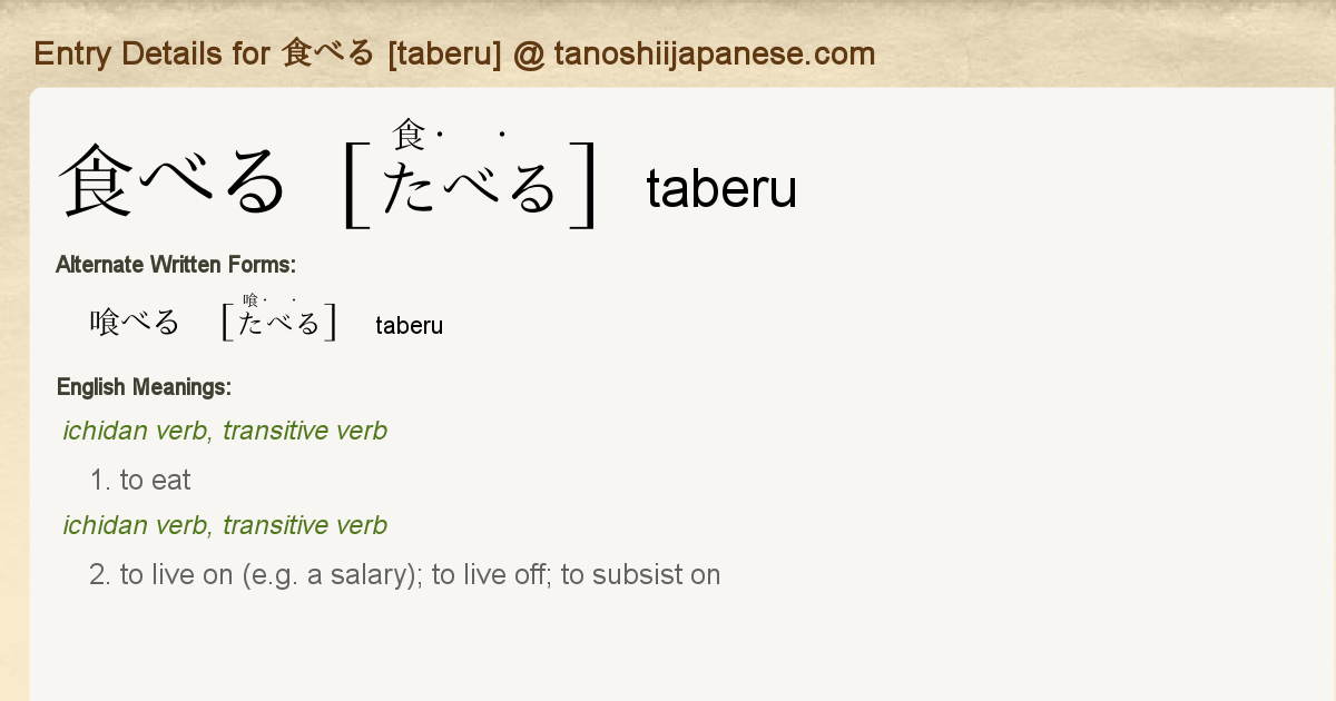 Entry Details for 食べる [taberu] - Tanoshii Japanese