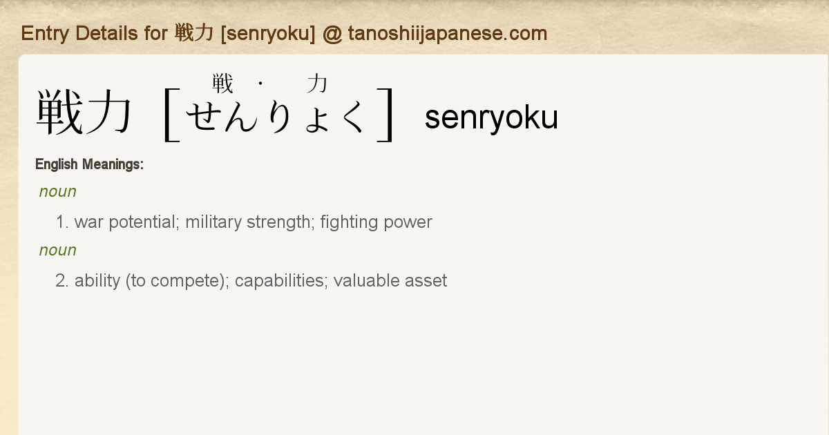 Entry Details for 戦力 [senryoku] - Tanoshii Japanese