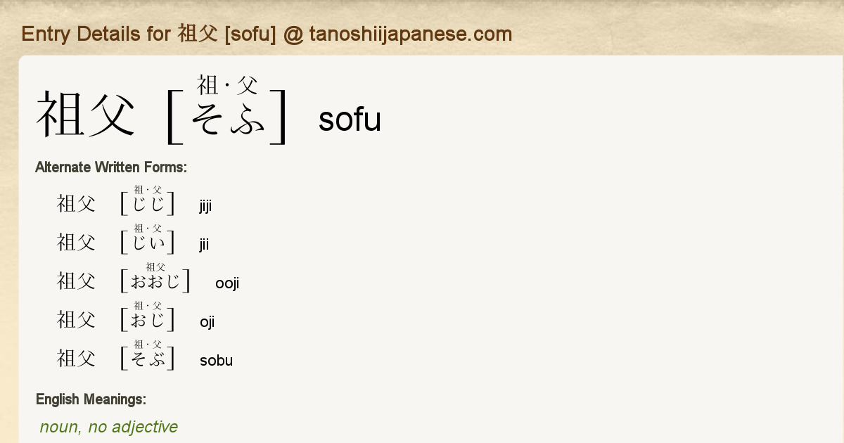 Entry Details for 祖父 [sofu] - Tanoshii Japanese