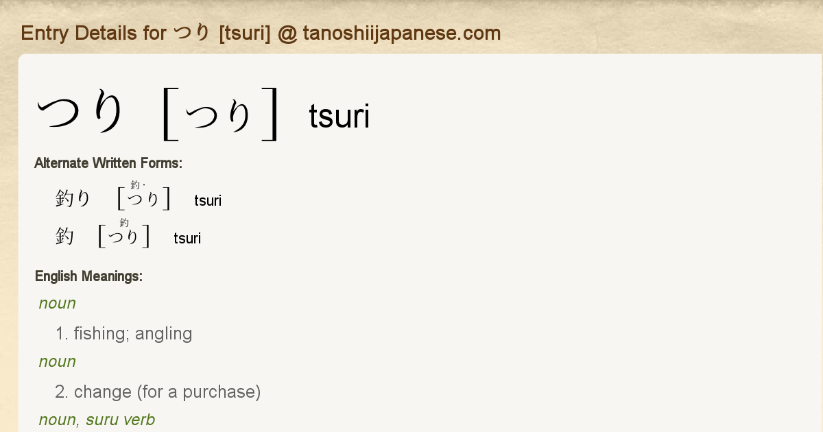 Entry Details for つり [tsuri] - Tanoshii Japanese