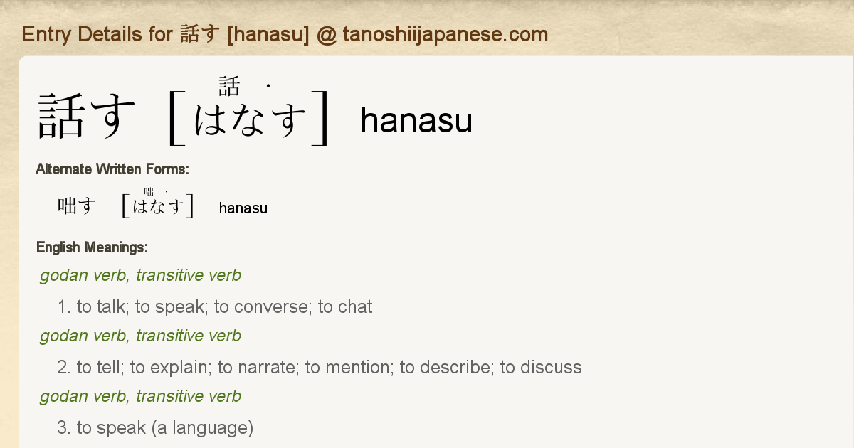 Entry Details for 話す [hanasu] - Tanoshii Japanese