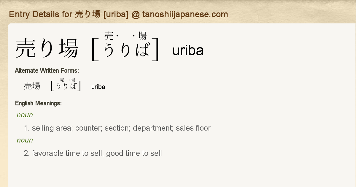 Entry Details for 売り場 [uriba] - Tanoshii Japanese