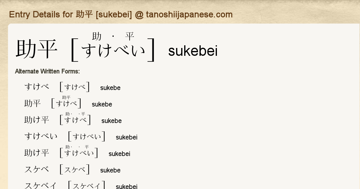 Entry Details for 助平 [sukebei] - Tanoshii Japanese