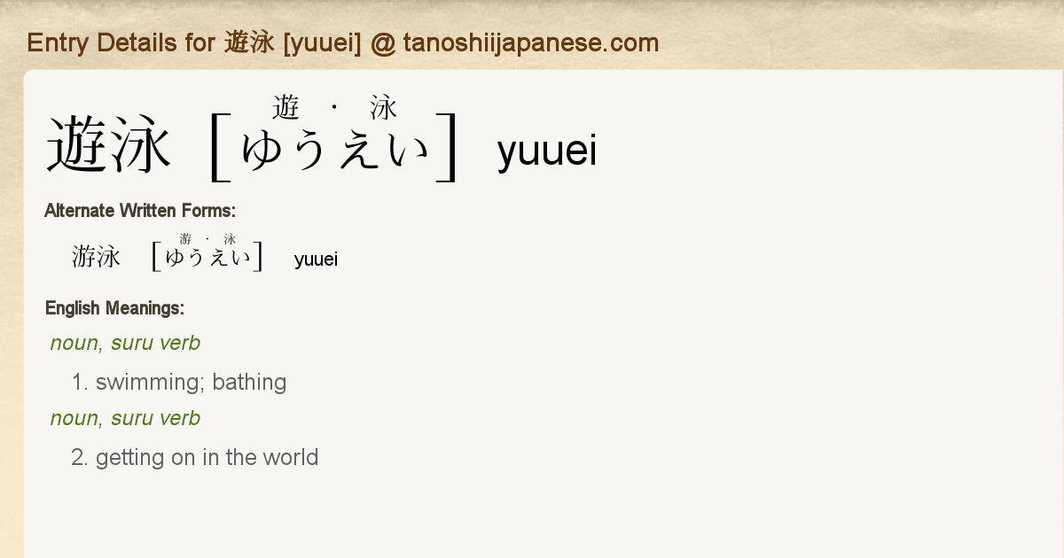 Entry Details for 遊泳 [yuuei] - Tanoshii Japanese