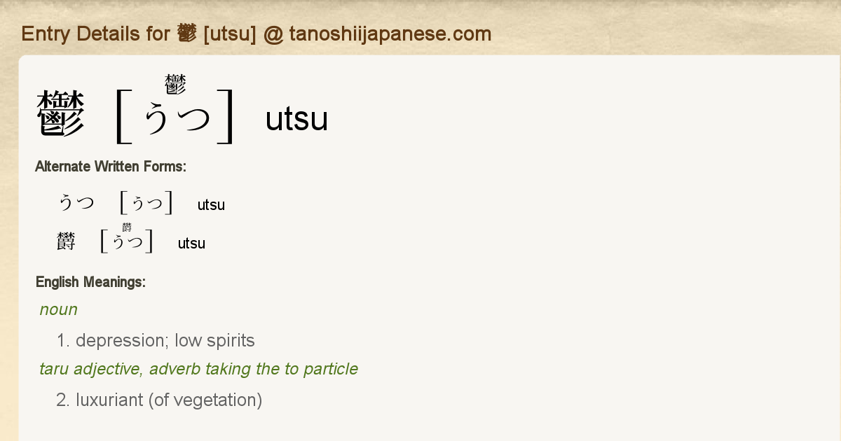 Entry Details for 鬱 [utsu] - Tanoshii Japanese