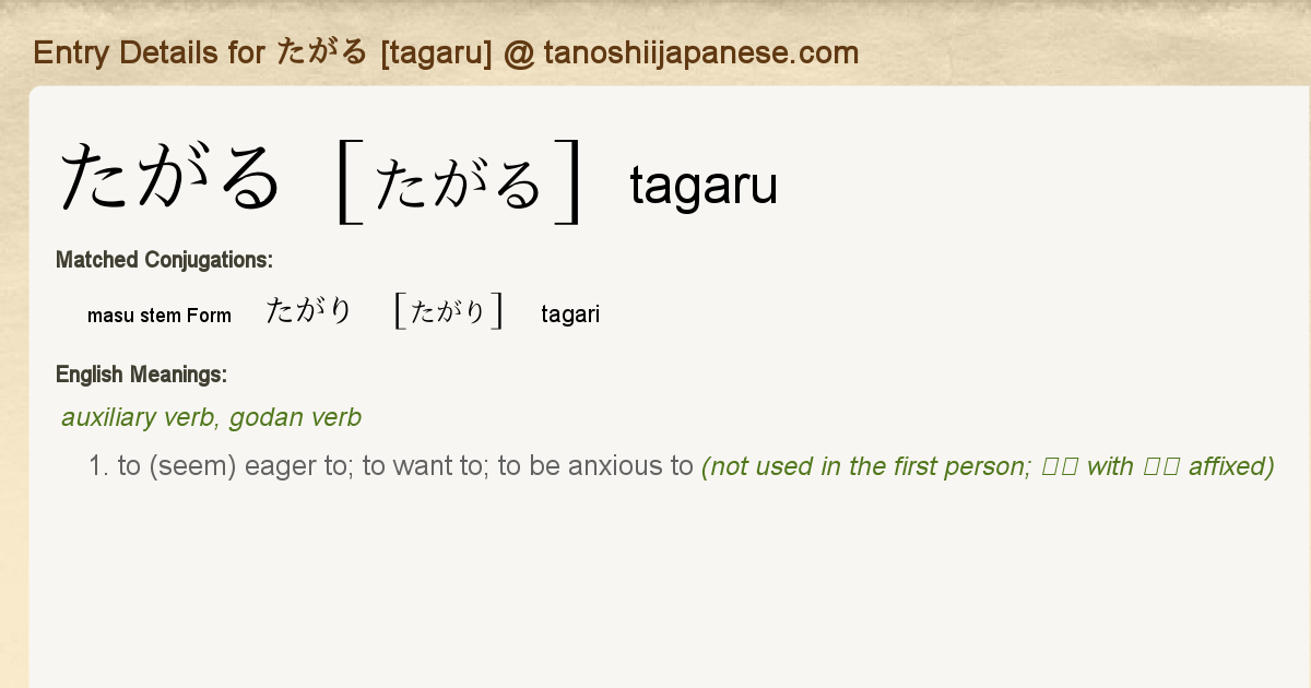 Entry Details for たがり [tagari] - Tanoshii Japanese