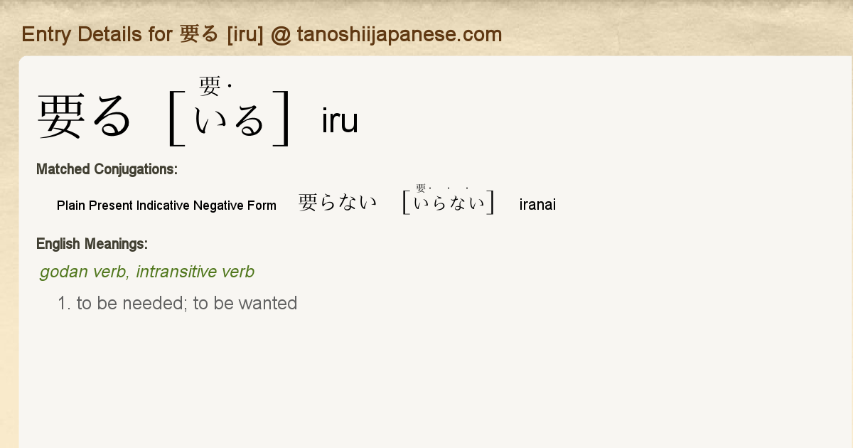 Entry Details for 要らない [iranai] - Tanoshii Japanese