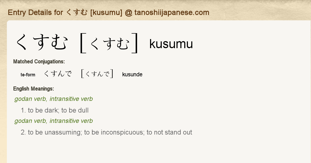 Entry Details for くすんで [kusunde] - Tanoshii Japanese
